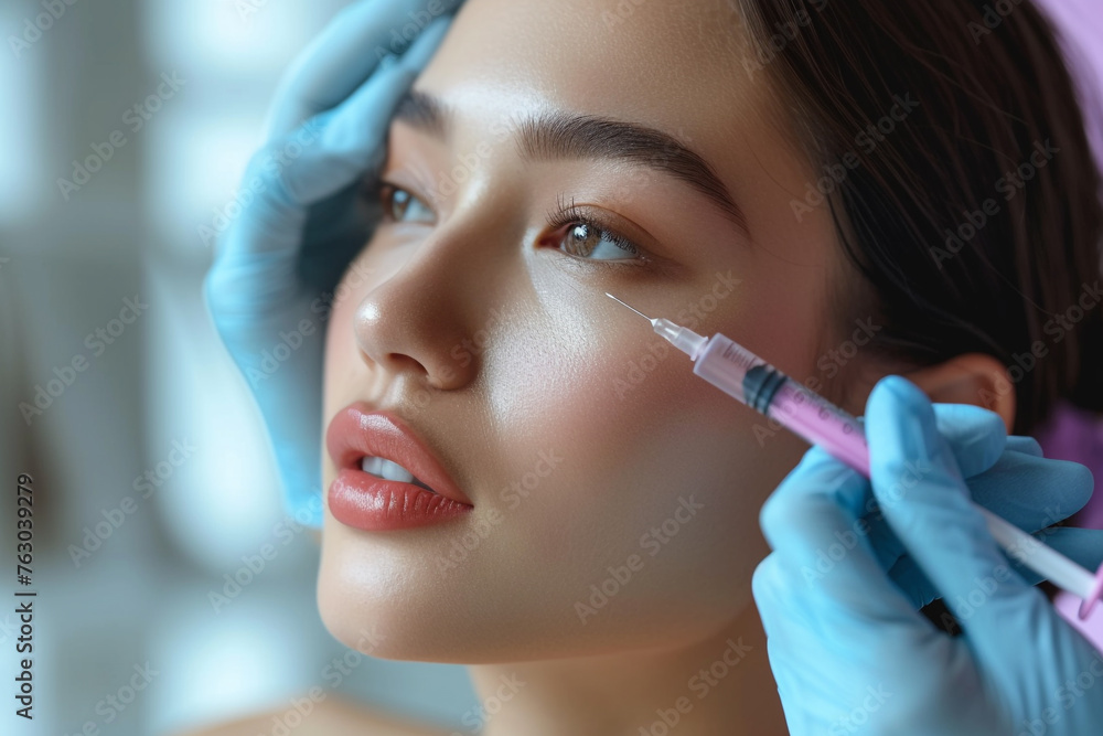 Young beautiful woman receives botox injection for facelifting ...