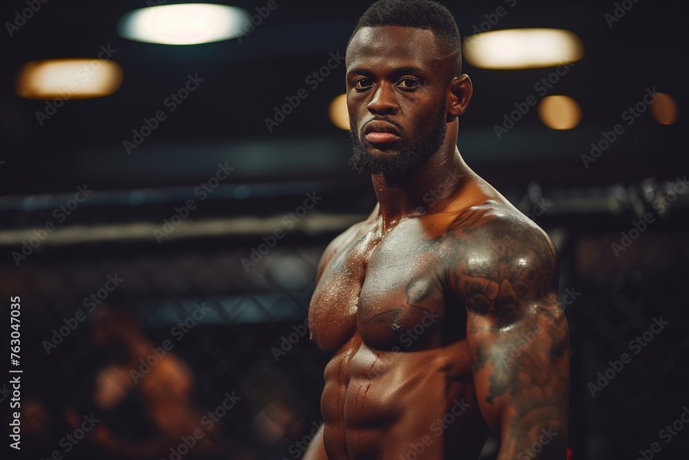 Shirtless African American Mixed Martial Arts male mma fighter stands ...