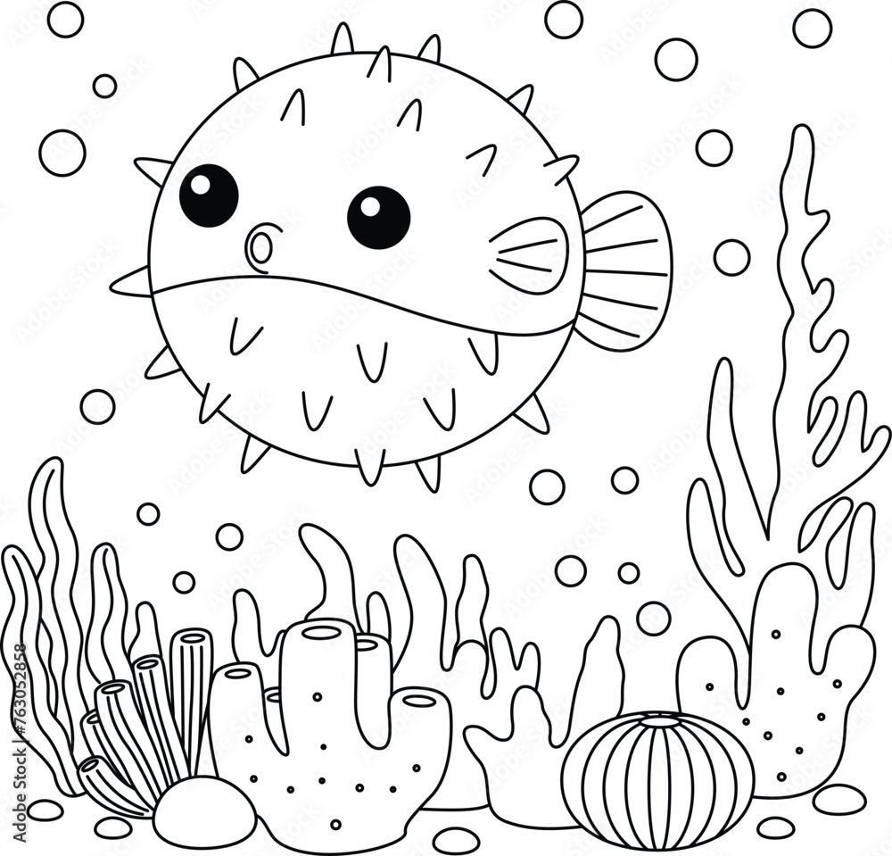 Pufferfish coloring page for kids Stock Vector | Adobe Stock