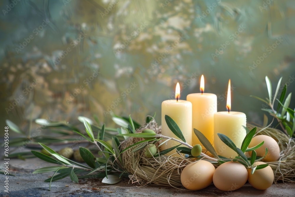 Easter religious background with three burning candles christian cross ...