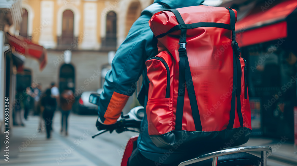 delivery man on a scooter, carrying a food delivery, navigating through ...