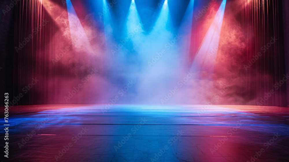 An empty modern dance stage illuminated by vibrant spotlights and ...