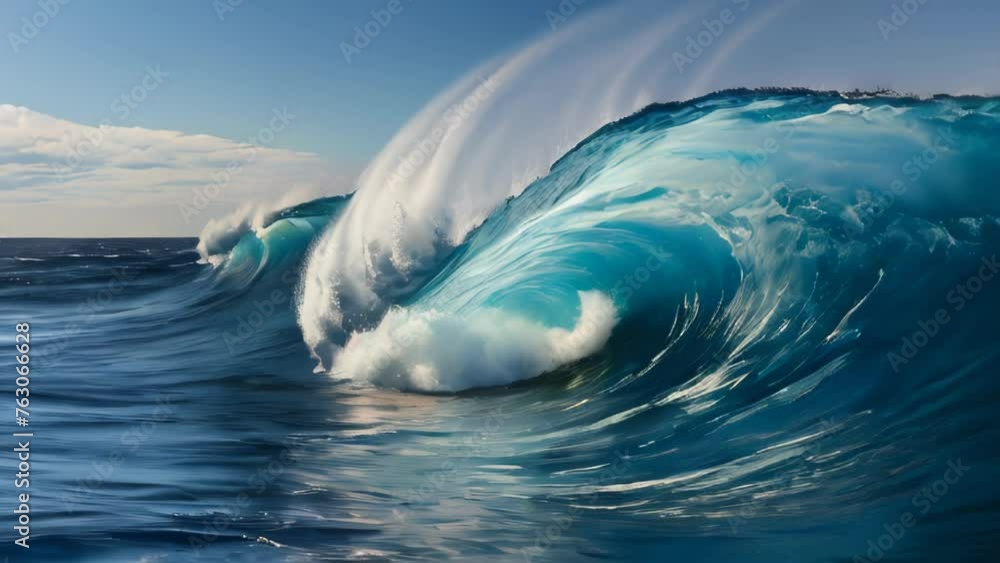 Colossal wave rises imposingly from emerald green sea. Foaming white ...