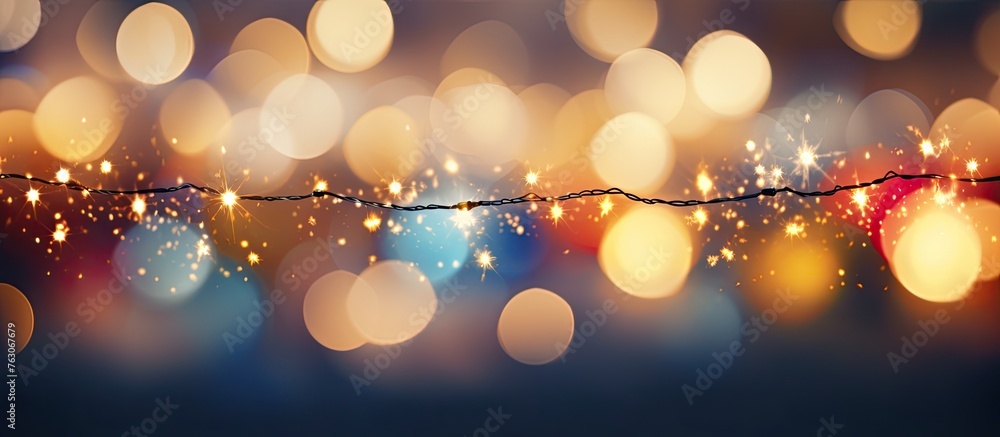 A string of Christmas lights, glowing in electric blue, creates a ...