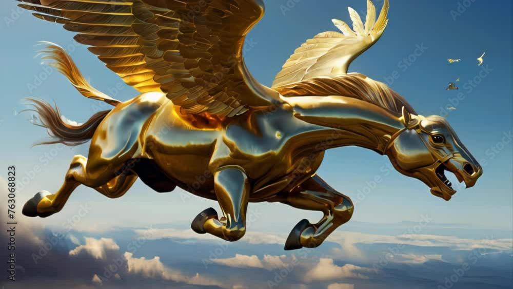 Vidéo Stock Mythical creature Pegasus in golden hues soars above the ...