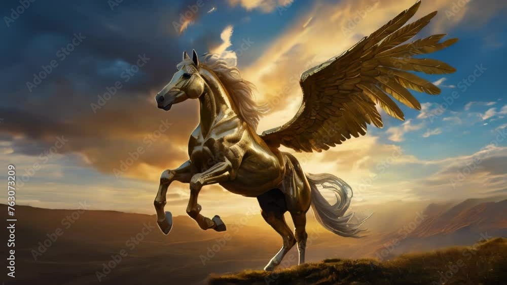 Mythical creature Pegasus in golden hues soars above the clouds ...