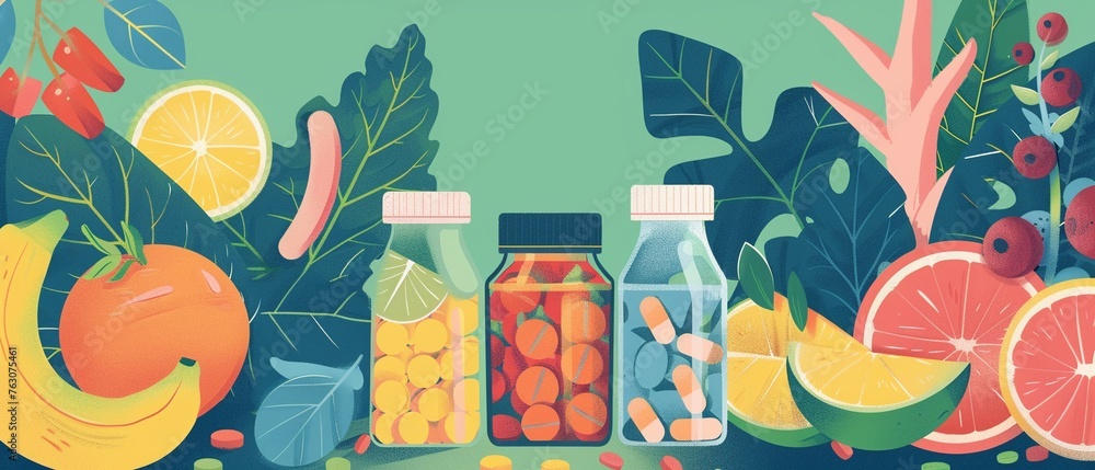 Engage in a visual exploration of nutrition with a 2D flat color ...