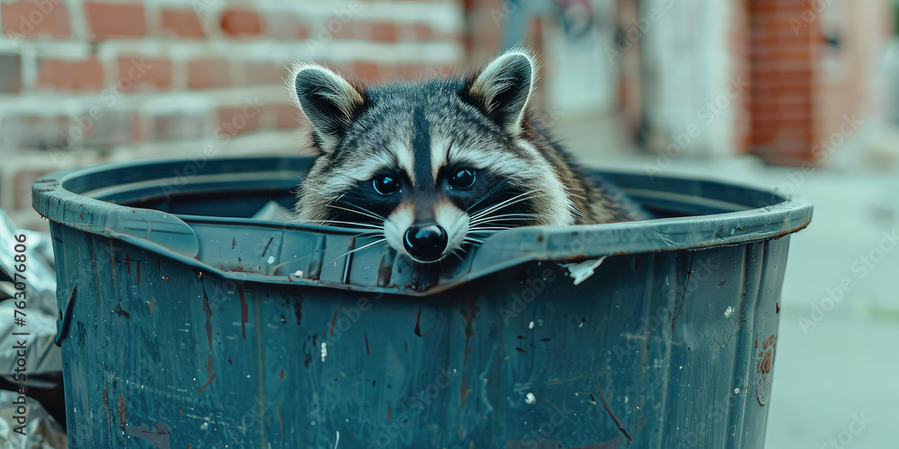 Urban Raccoon Scavenging in Trash Can. Raccoon going through garbage ...
