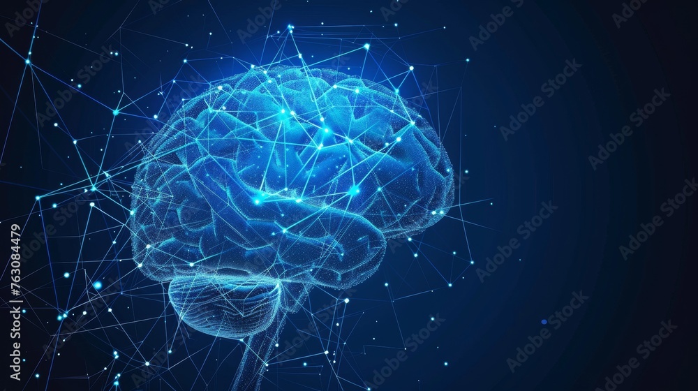 A blue abstract brain with a wireframe light connection structure ...