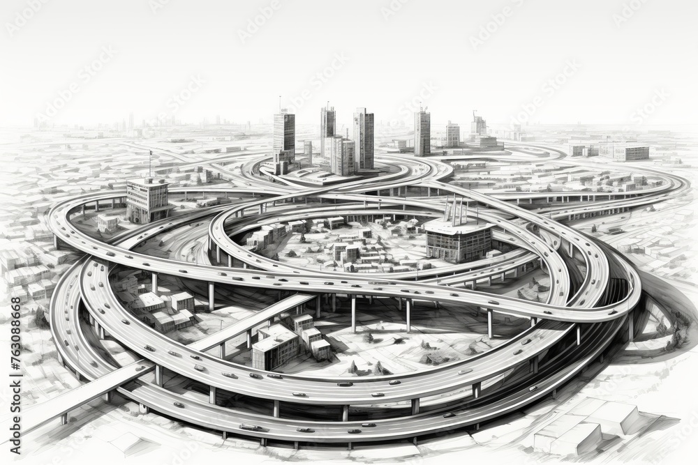 This black and white photo depicts a complex highway intersection, with ...