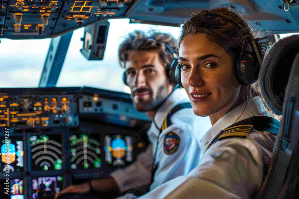 Male and Female Pilots in Cockpit of International Passenger Flight ...