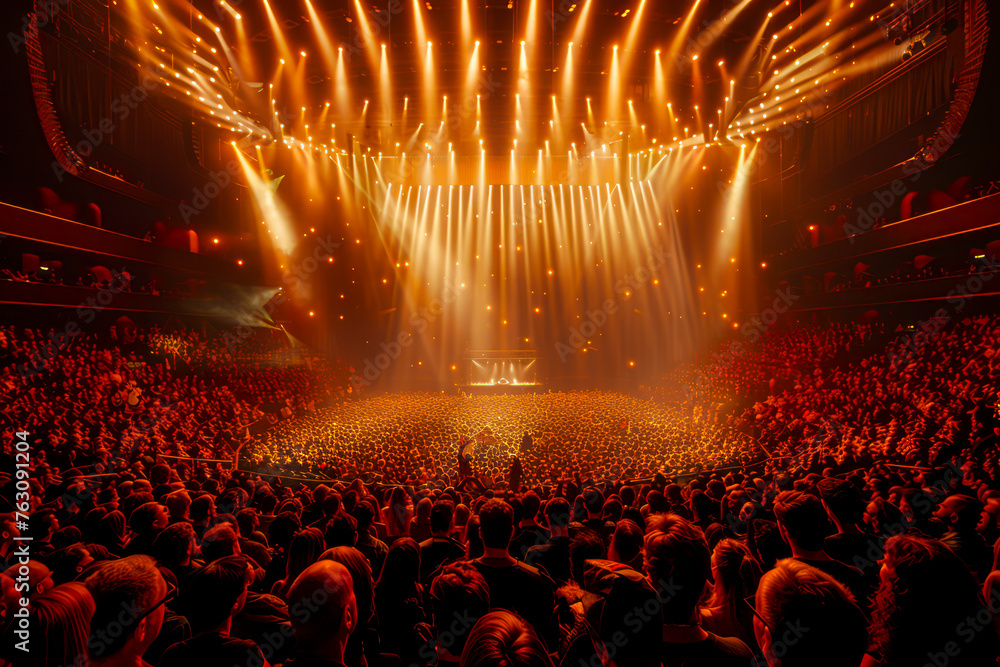 Crowd of fans dancing and cheering in a packed concert hall viewed from ...