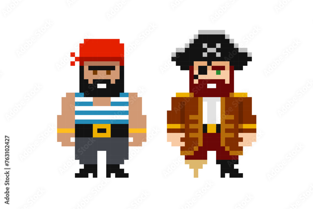 Pixel Art Pirates Captain and sailor suits - cartoon retro 8 bit game ...
