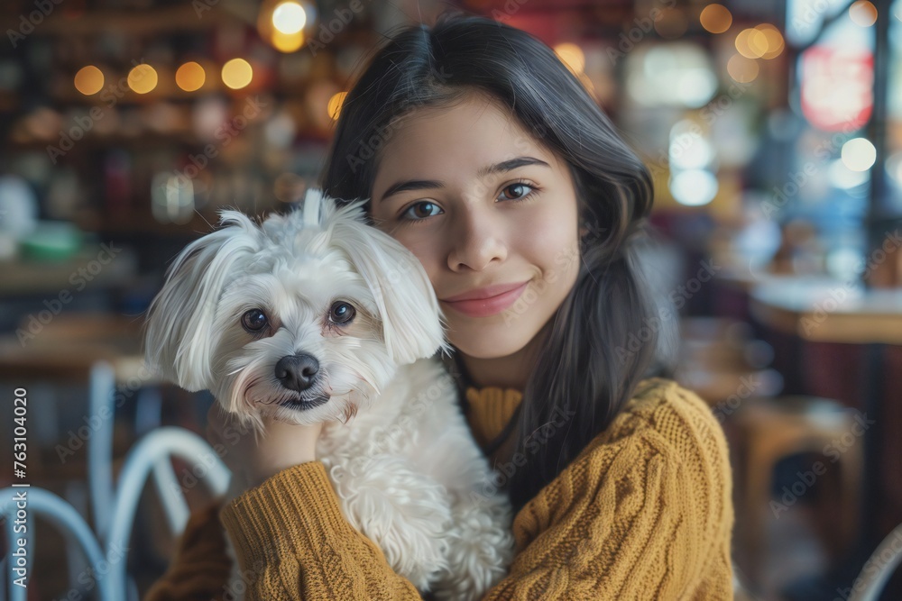 Portrait of beautiful young mexican american woman holding her dog in ...