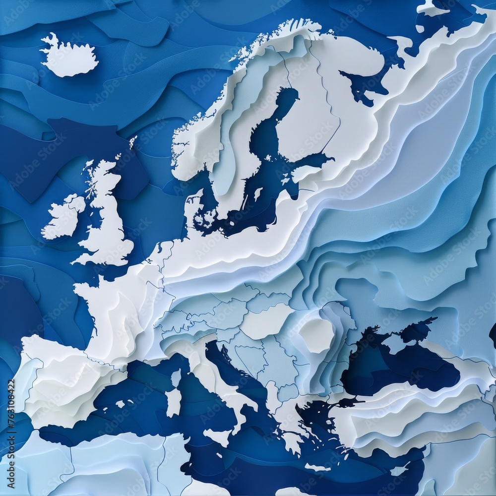 Topographic map of Europe created in a layered paper cut style with ...