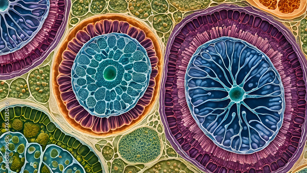 Colorful illustration of plant cells under a microscope, showcasing ...