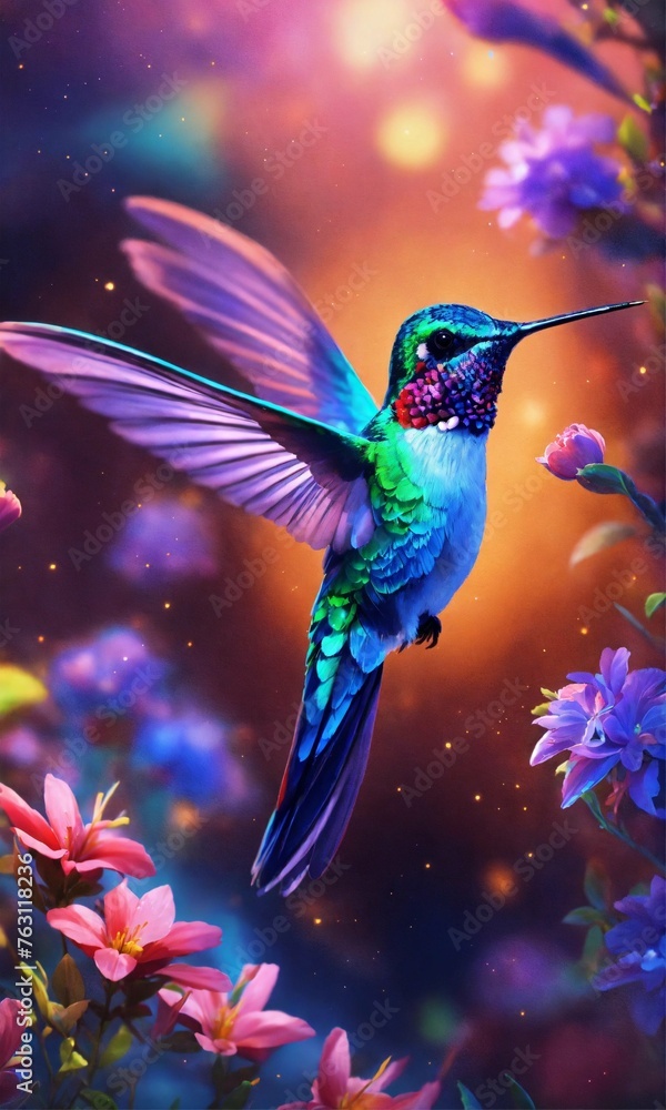 Hummingbird, starry details, starseed, celestial esoterica, neon colors ...