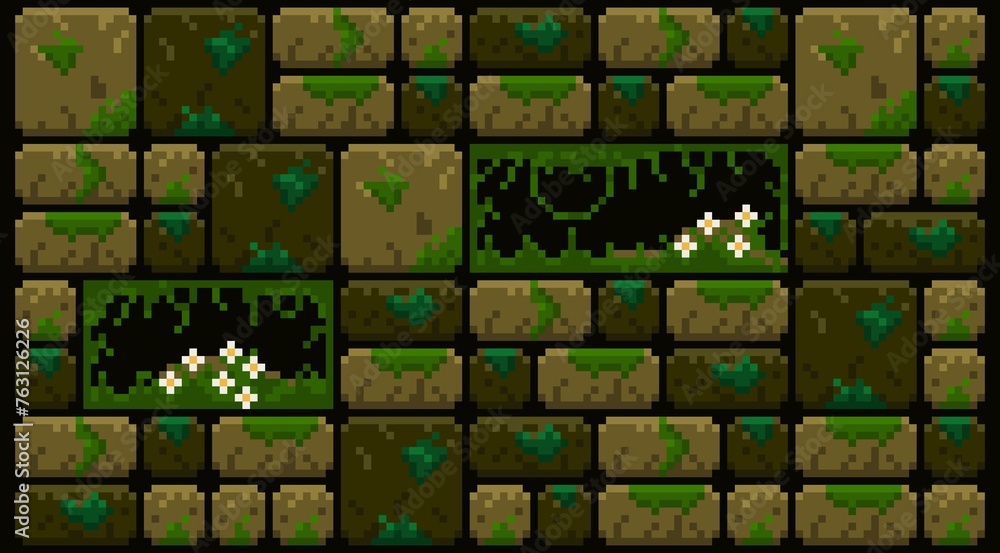 Pixel art dungeon tile set design with green moss, white flower and ...