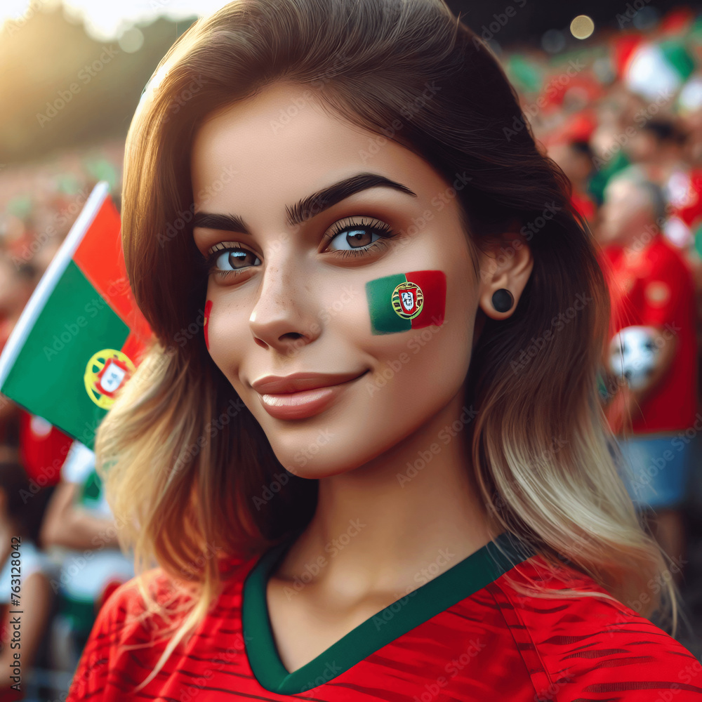 Portuguese Young Female Soccer Fan with Painted National Flag Cheeks at ...