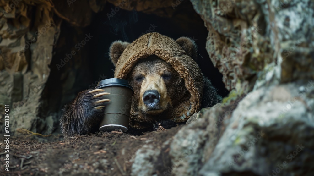 The focus is on a big bear waking up from its winter sleep and holding ...