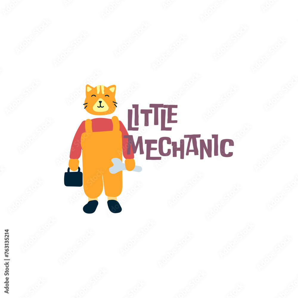 Cute cat mechanic vector illustration for fabric, textile and print ...