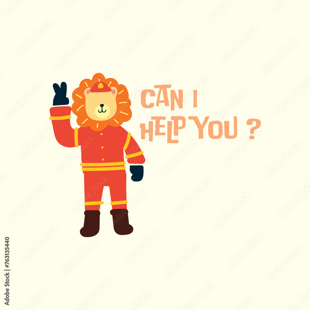 Cute lion firefighter vector illustration for fabric, textile and print ...