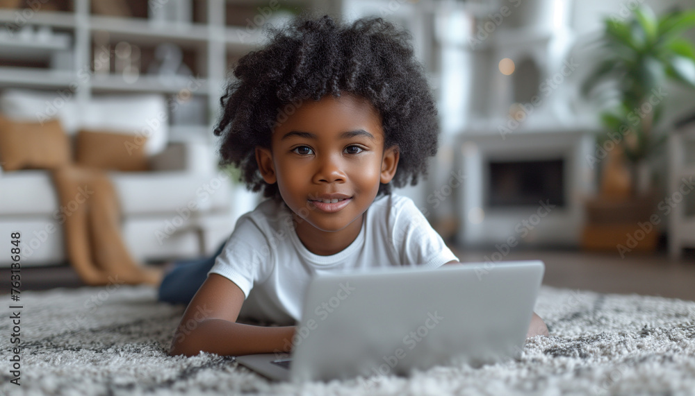 Close up of african american black boy, teenager lying on carpet ...