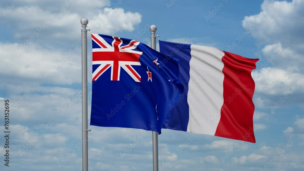 France and New Zealand flags waving together, looped video, two country ...