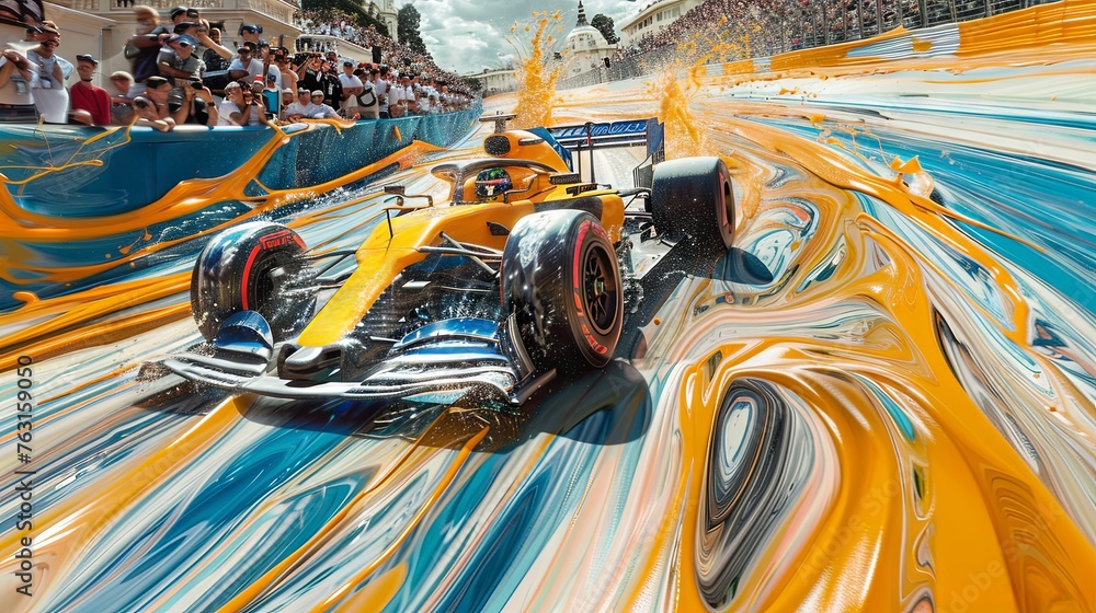 Multicolored illustration with racing car in dynamics paint splatter ...