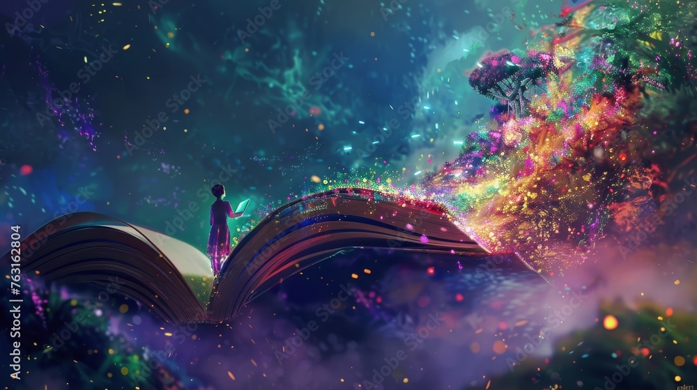 Magic adventure story coming out of an open book, symbolizing the power ...