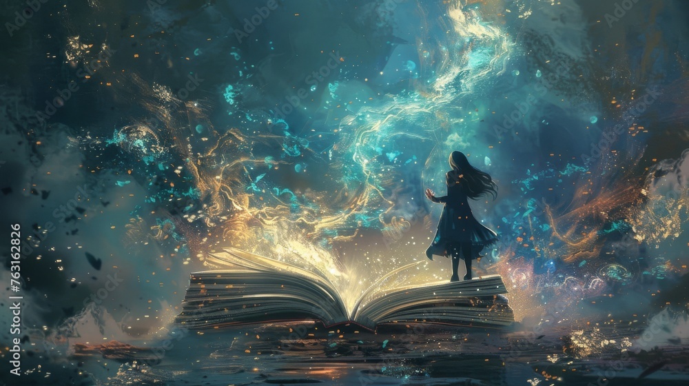 Magic adventure story coming out of an open book, symbolizing the power ...
