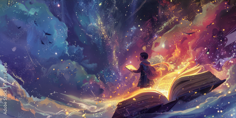 Magic adventure story coming out of an open book, symbolizing the power ...