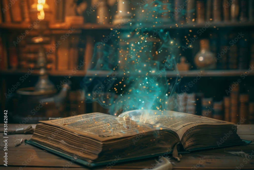 Magic adventure story coming out of an open book, symbolizing the power ...