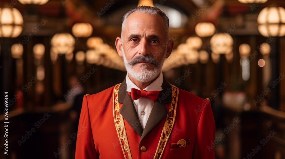 Vintage cinema usher in grand lobby red and gold uniform ornate ...