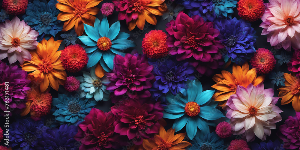 Colorful background of many bright flowers of different types. Nature ...