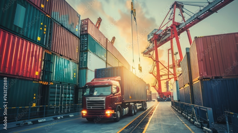 Illustration of a container truck at a shipping port. Logistics and ...