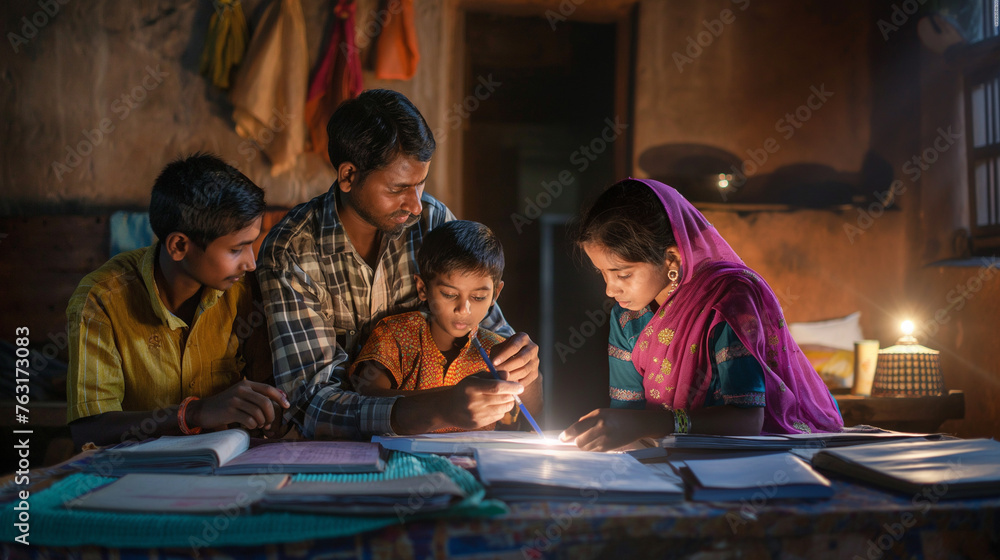Indian Family Studying Together with Kids at Home Stock Photo | Adobe Stock