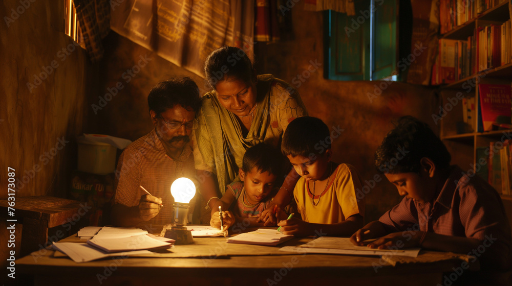 Indian Family Studying Together with Kids at Home Stock Photo | Adobe Stock