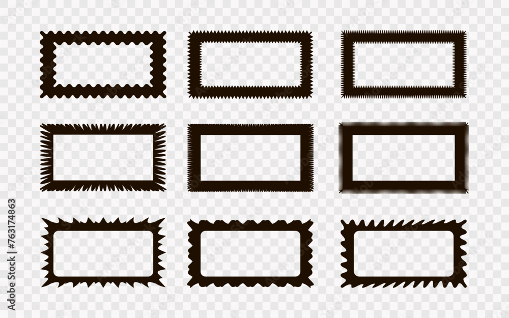 Zig zag wavy edge rectangle frames icon set. Abstract black borders ...