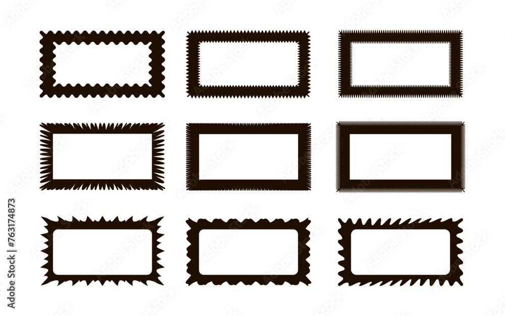 Zig zag wavy edge rectangle frames icon set. Abstract black borders ...