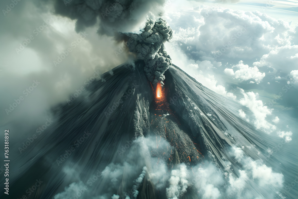 Volcanic eruption with flowing lava and explosive ash clouds ...