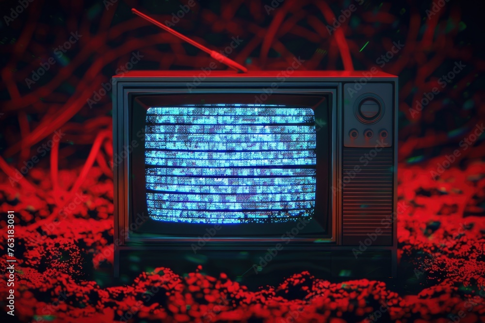 A high-contrast image of a vintage television set with static on the ...