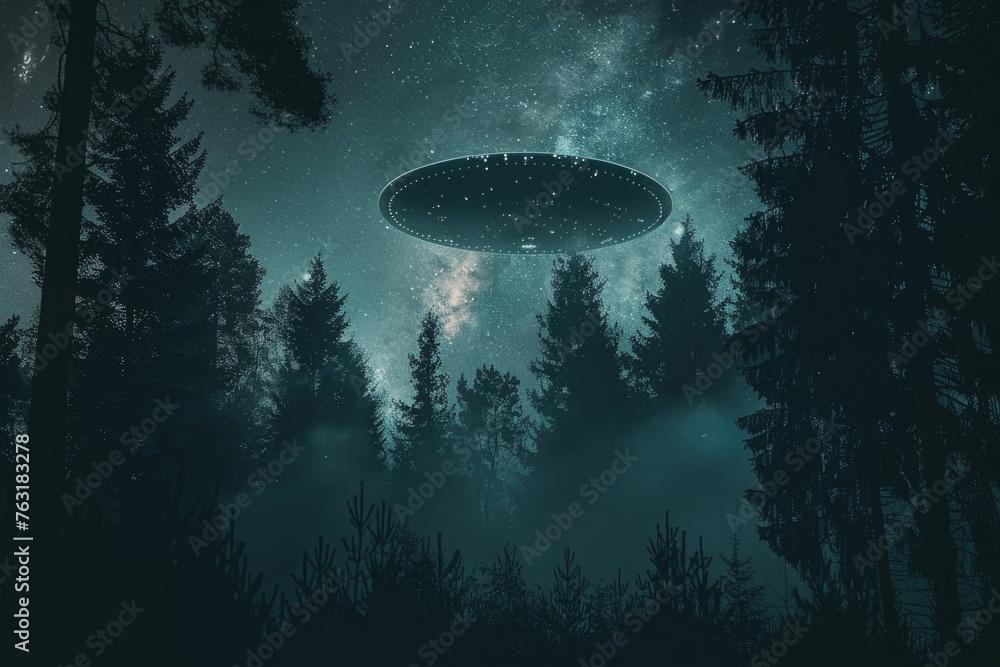 An atmospheric scene featuring a UFO hovering over a nighttime forest ...