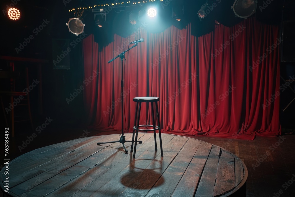 An empty stand-up comedy stage with a microphone and stool under a ...