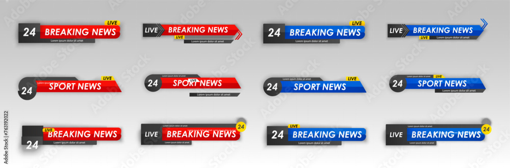 Breaking news template with red and blue badge, Breaking news text on ...
