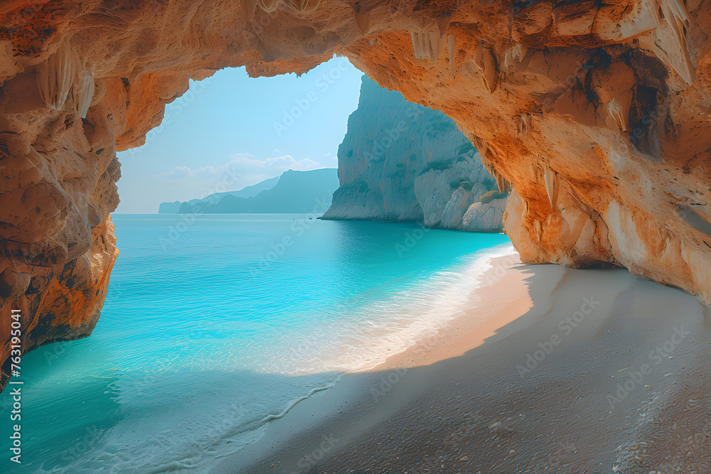 Sunlit sea viewed from a rocky cave opening. Serene beach and clear ...