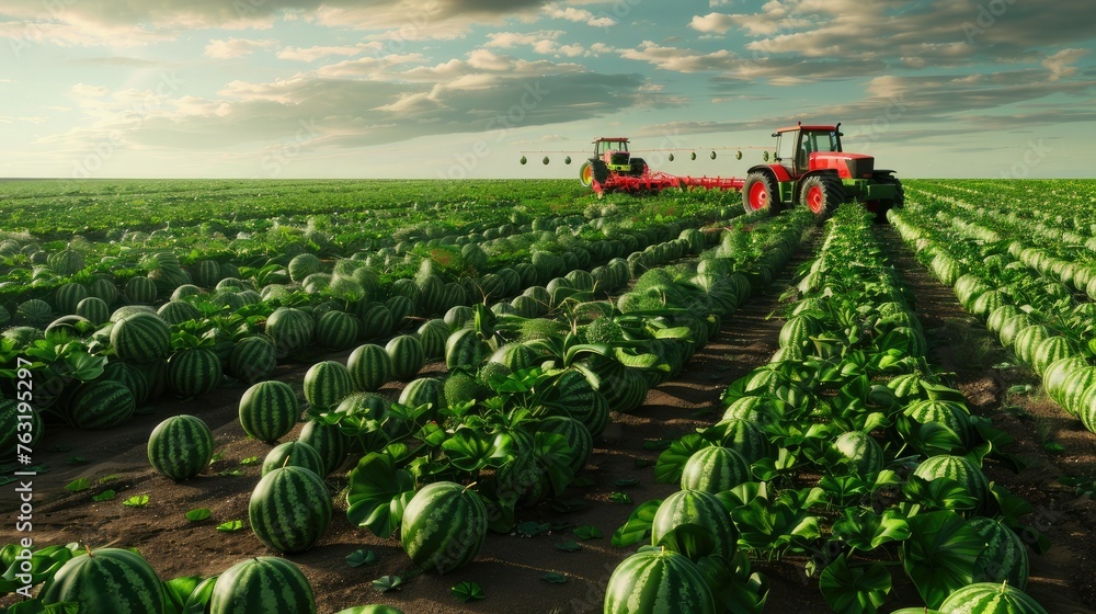 A large field of watermelons against the backdrop of an open red ...