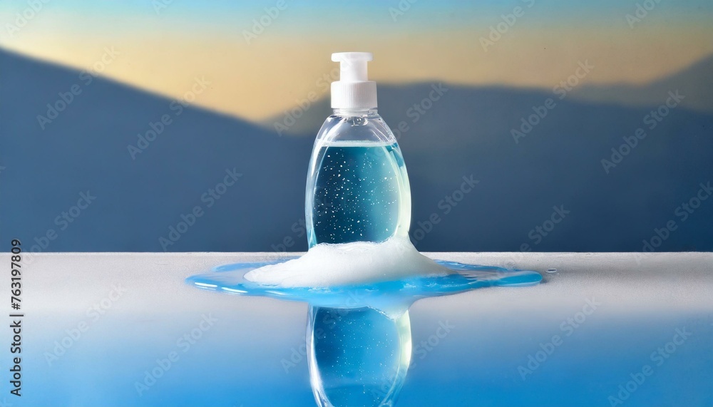bottle of water on sky, Green dishwashing liquid drop in a clean ...