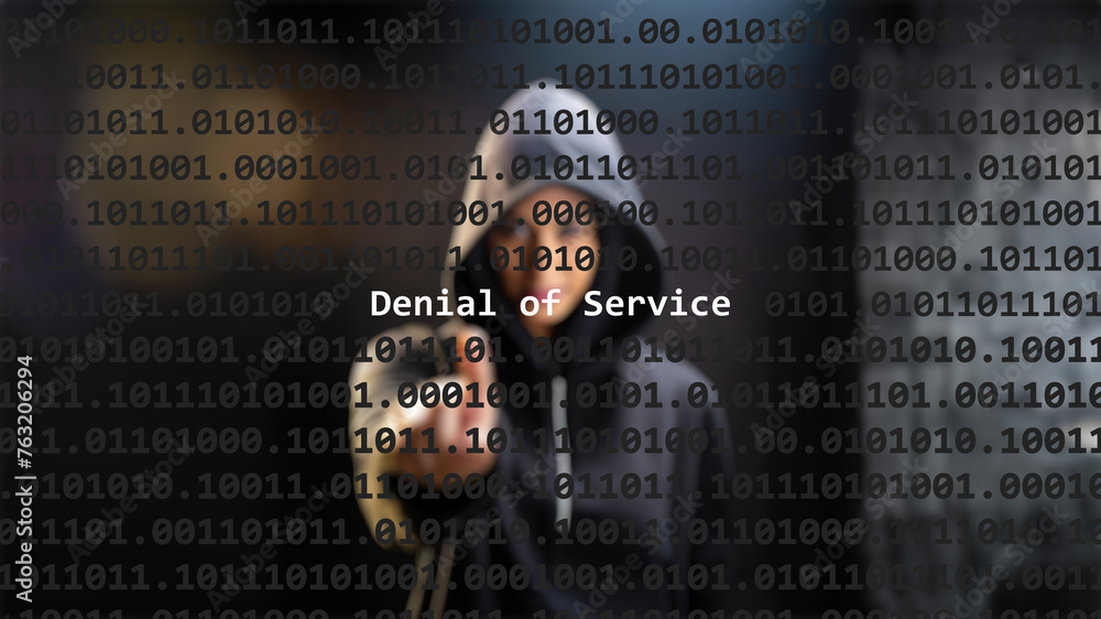 Cyber attack denial of service text in foreground screen, anonymous hacker hidden with hoodie in ...
