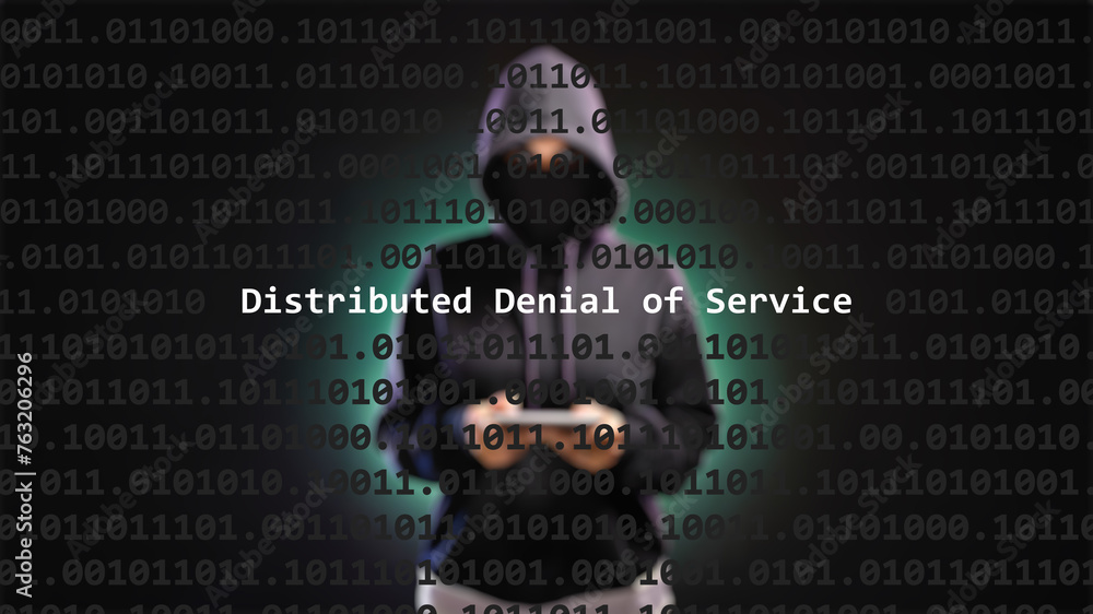 Cyber attack distributed denial of service text in foreground screen, anonymous hacker hidden ...